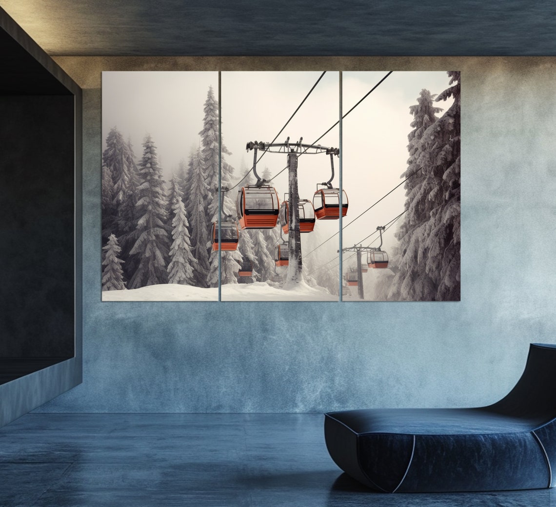 Ski Lift Canvas Print, Winter Painting, Abstract Ski Wall Art, Ski Lift ...