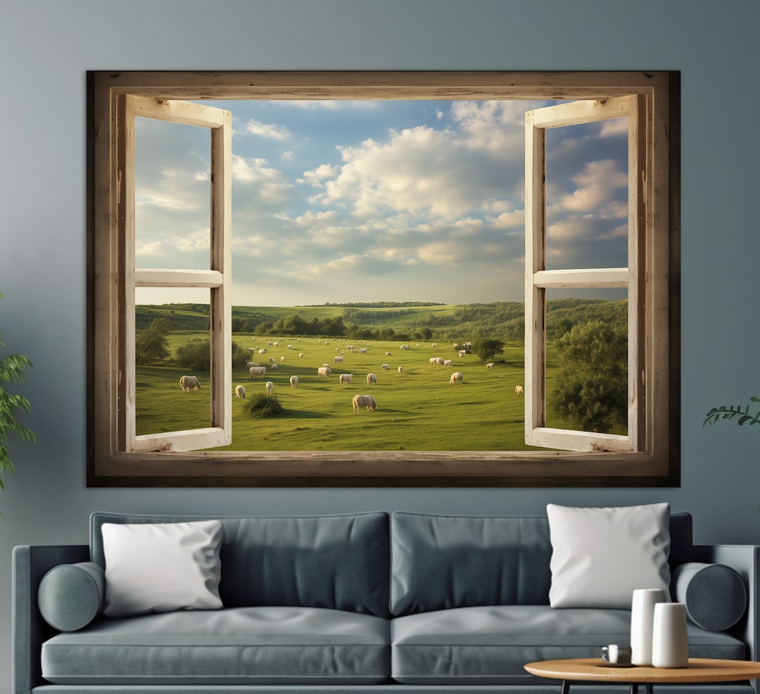 Window to Sheep Pasture Canvas Print, Farm Wall Art, Faux Window ...