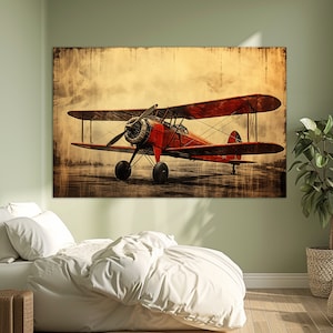 Vintage Biplane Canvas Print, Retro Airplane Painting, Aircraft Wall ...