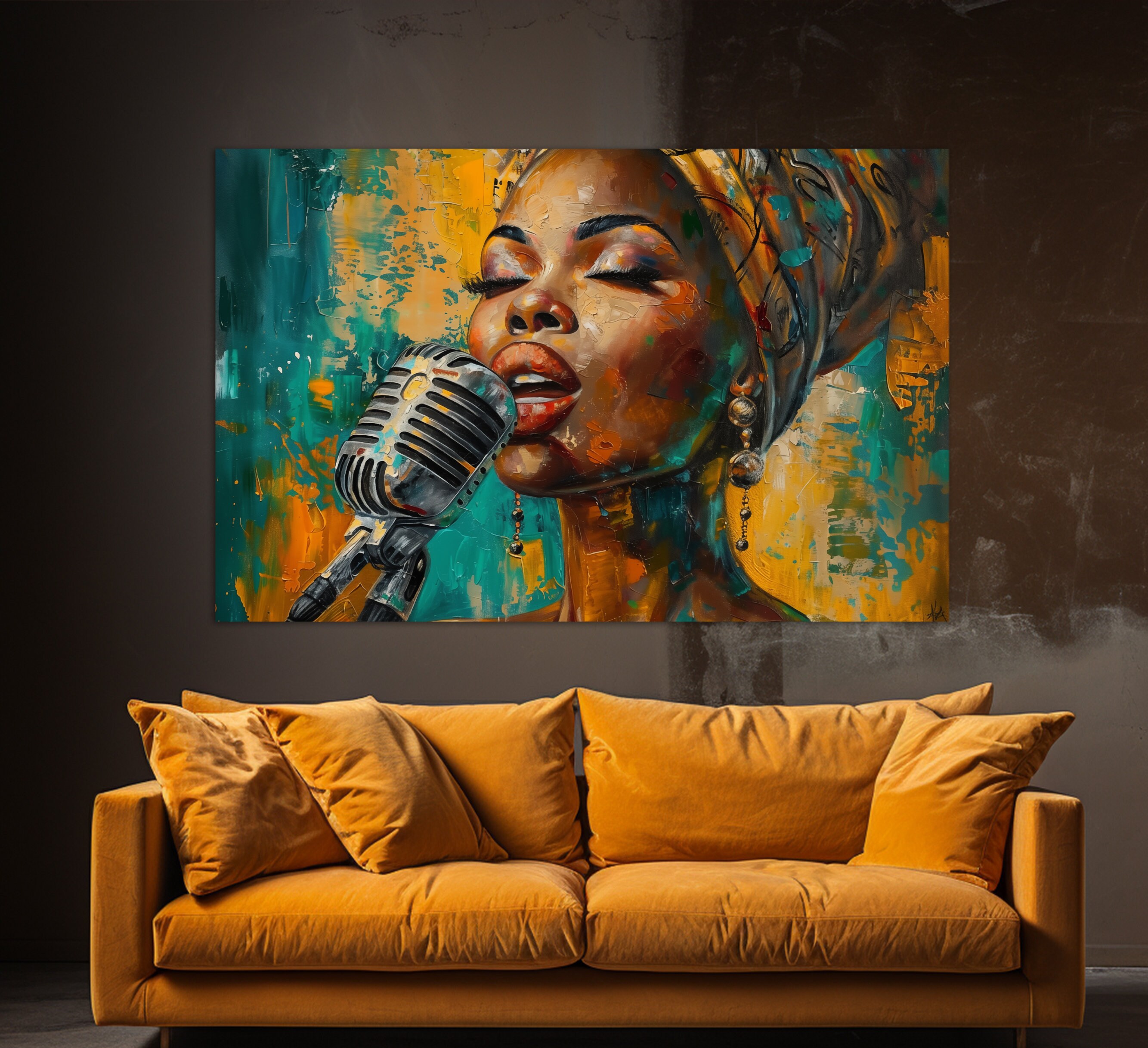 Beautiful African Jazz Singer Oil Painting Canvas Print, Black Woman ...