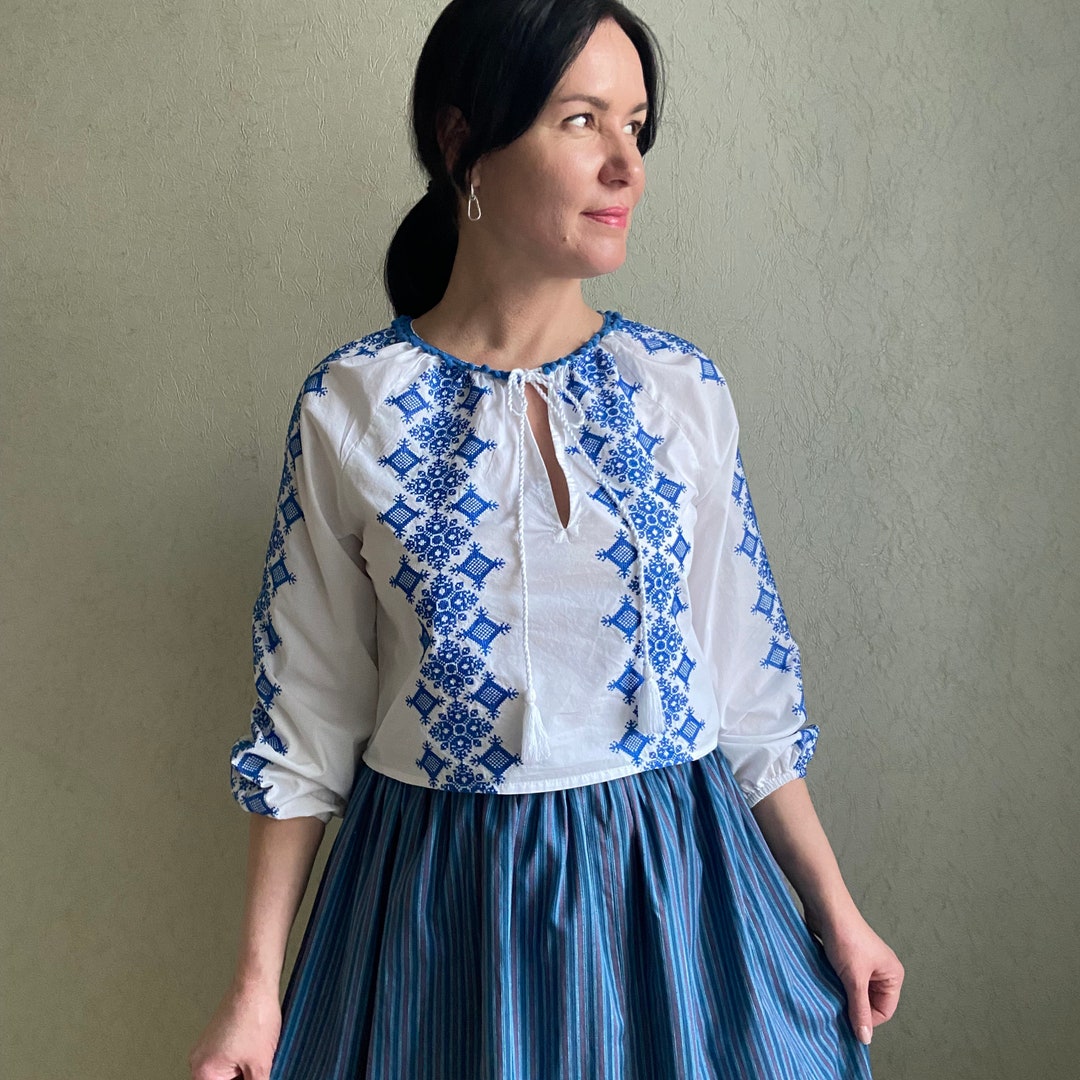 Blue Embroidered Boho Blouse for Women, White Cotton Peasant Top With ...