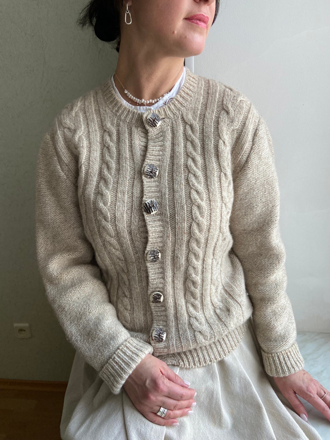 Vintage Cardigan, Knitted Austrian Cardigan, Beige Cardigan, Puffy ...