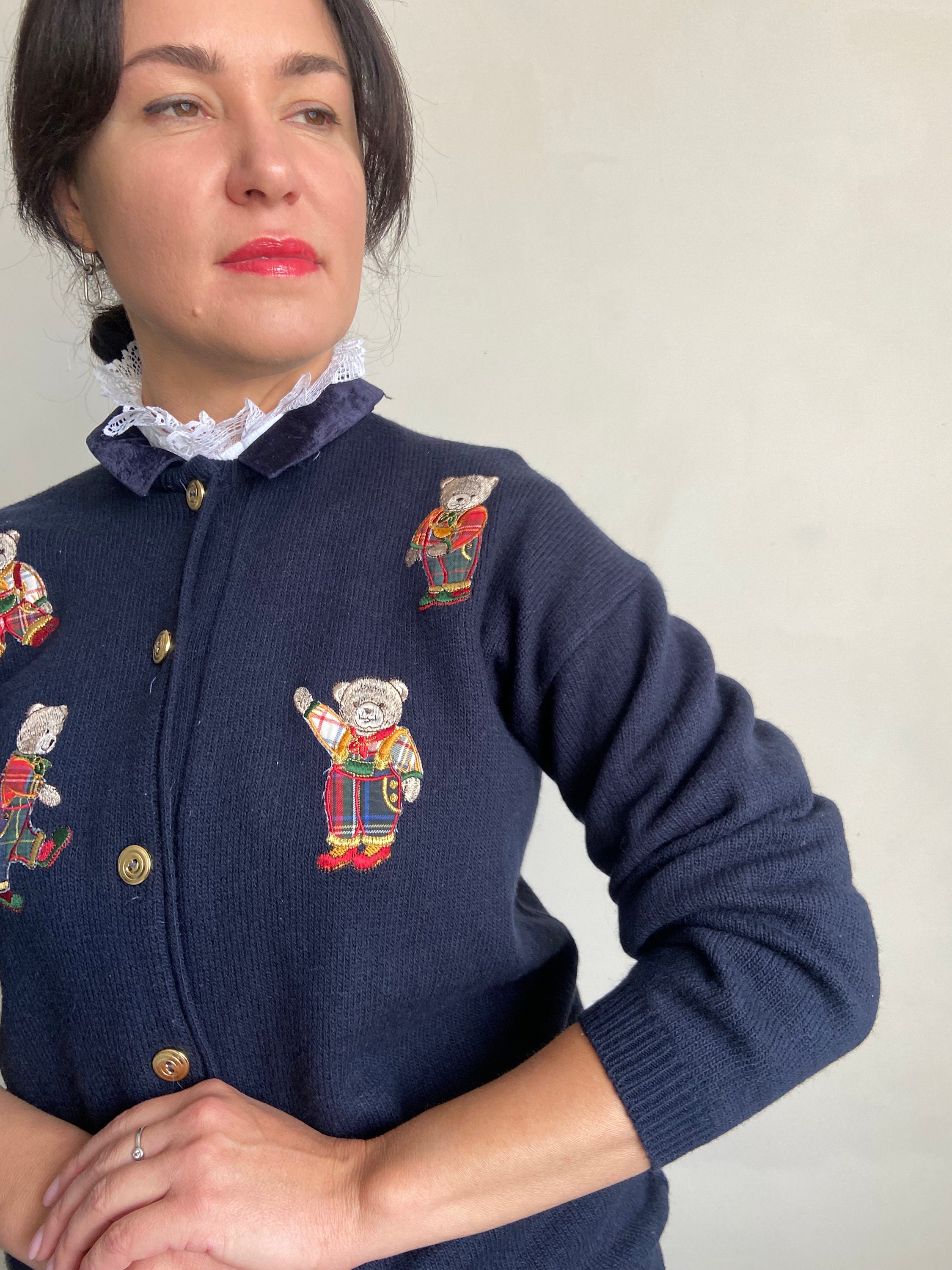 Vintage Cardigan, Teddy Bear Knitted Cardigan, Cardigan With Embroidery ...