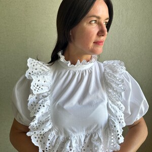 White Cotton Blouse, Vintage Style Blouse, Frilly Blouse , Cotton Lace ...