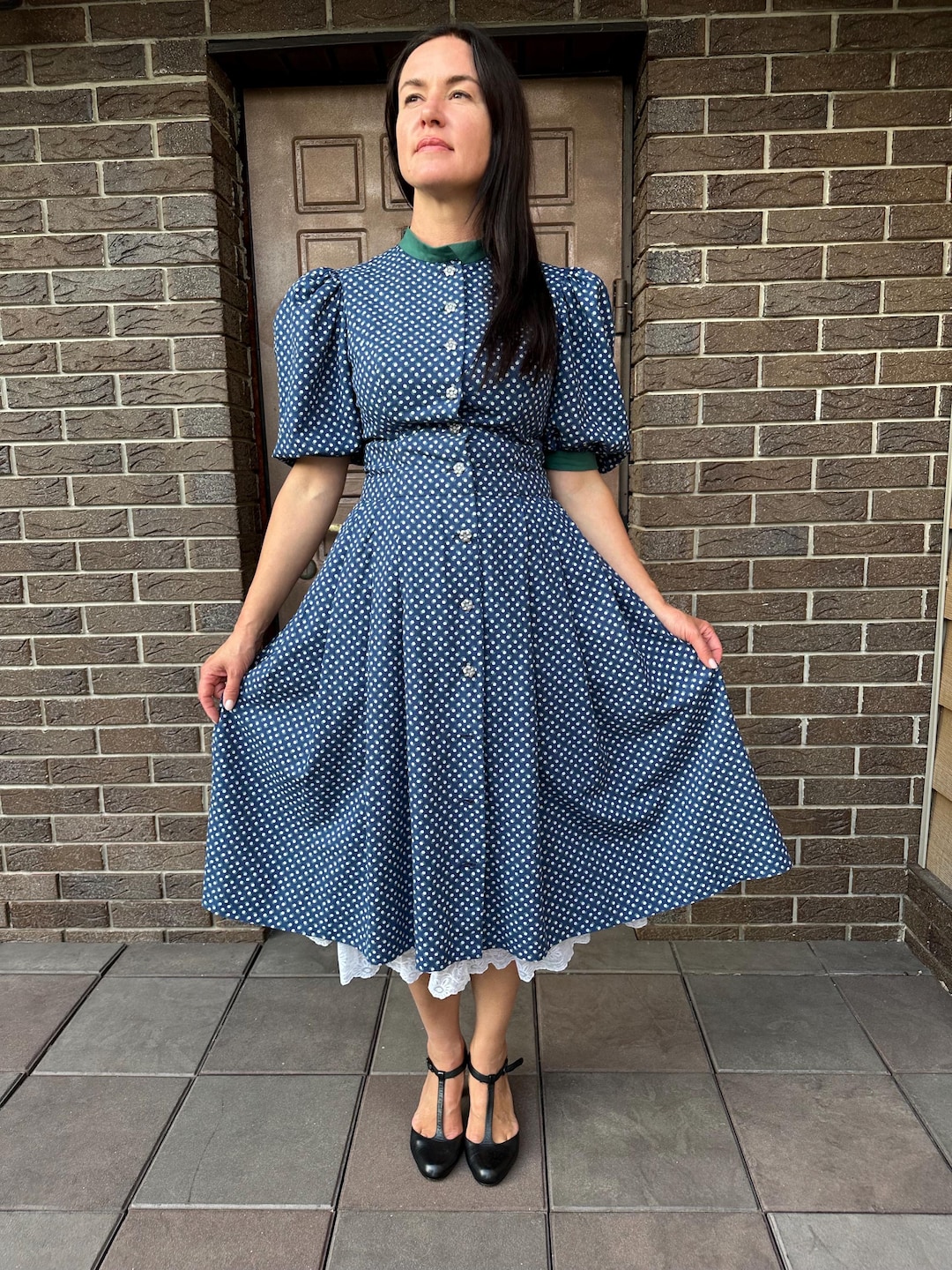Austrian Cottagecore Midi Dress, Blue Gingham Cotton Dress With Puff ...