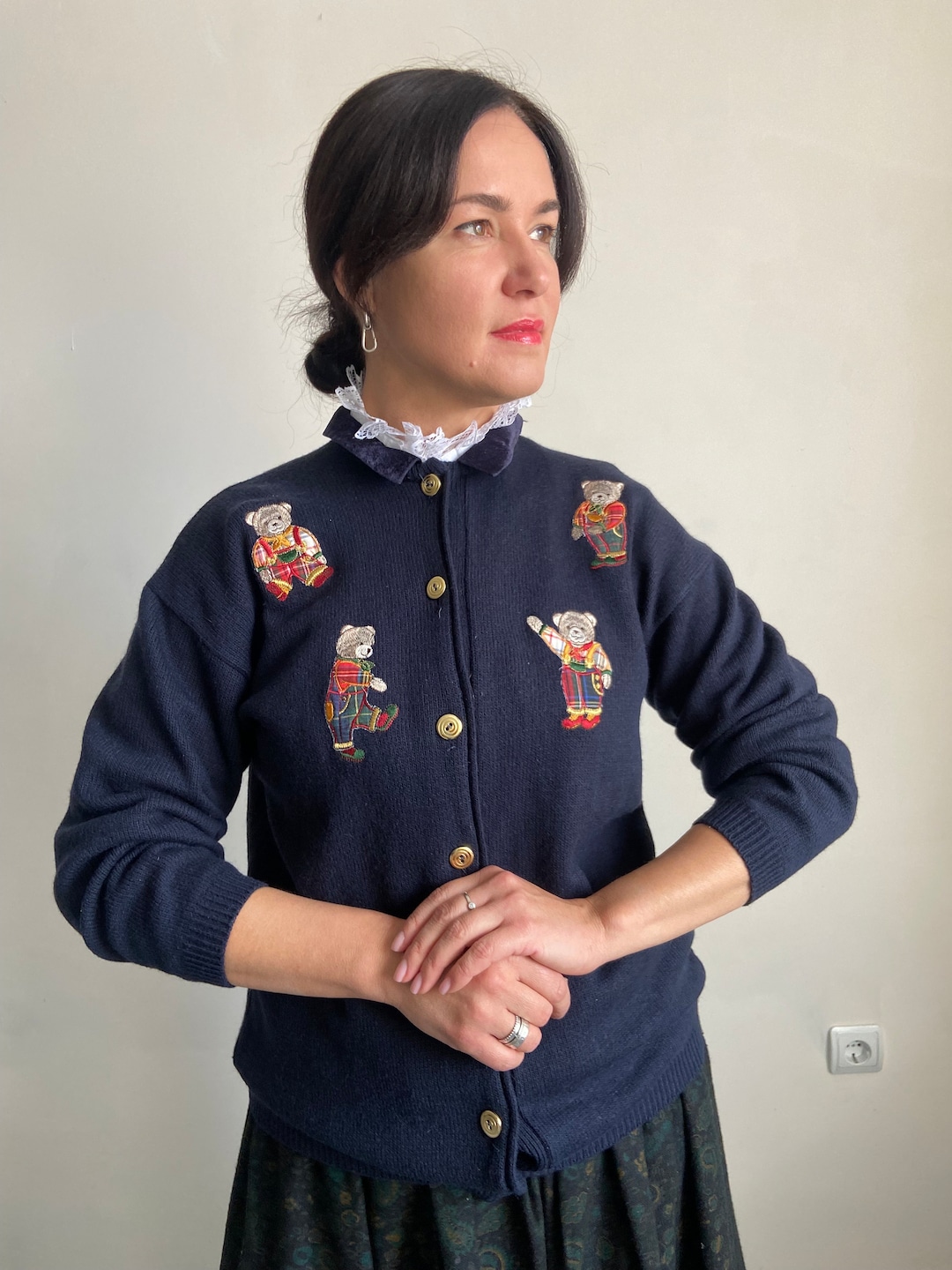 Vintage Cardigan, Teddy Bear Knitted Cardigan, Cardigan With Embroidery ...