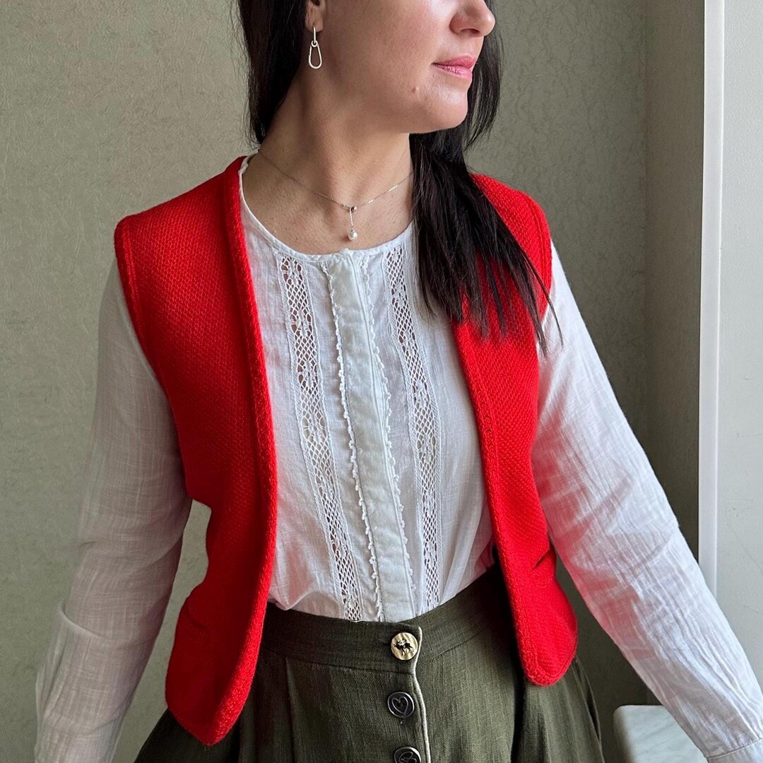 Vintage Vest, Austrian Knitted Vest, Red Knitted Vest, Wool Vest ...