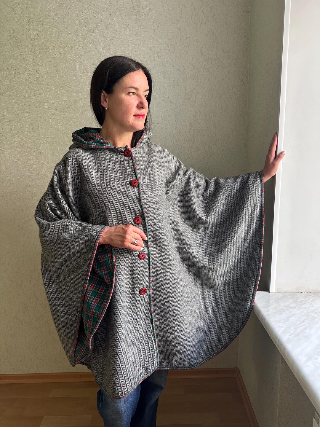 Wool Cape, Reversible Wool Cape With Hood, Plaid Poncho, Warm Winter ...