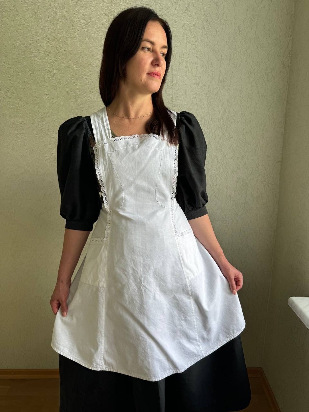 Vintage White Apron, Half Cotton Apron, Antique Apron, Embroidered ...
