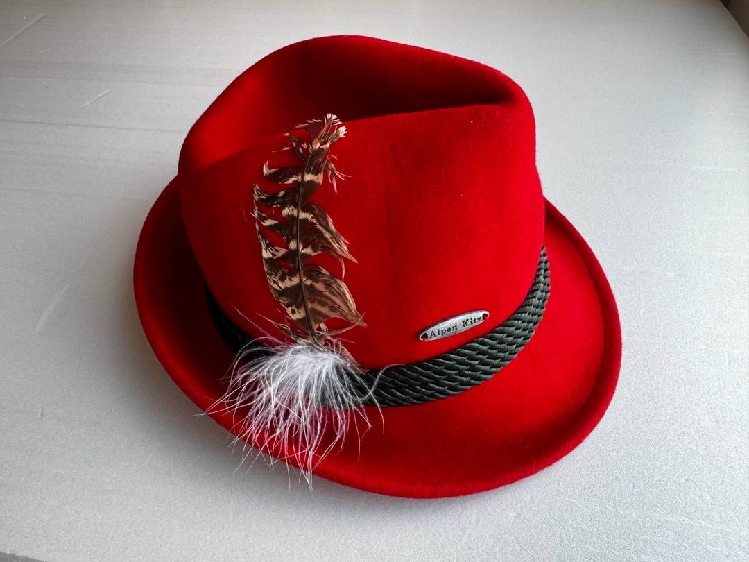Vintage Felt Hat, Red Alpine Fedora With Black Ribbon & Feather ...