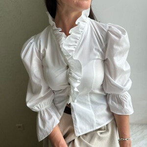 Vintage White Blouse, Women's White Shirt, White Ruffle Front Blouse, Frilled Jabot Womens ...