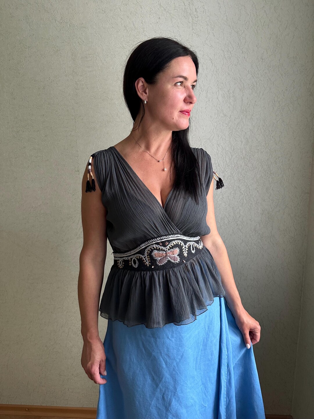 Boho Silk Blouse With Embroidered Waist and Tassel Details, Deep V-neck ...