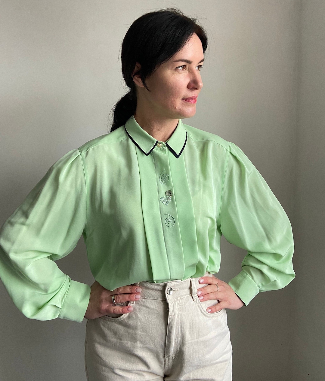 Vintage Blouse With Adorable Details, Long Sleeves, Vintage Shirt, Wide ...