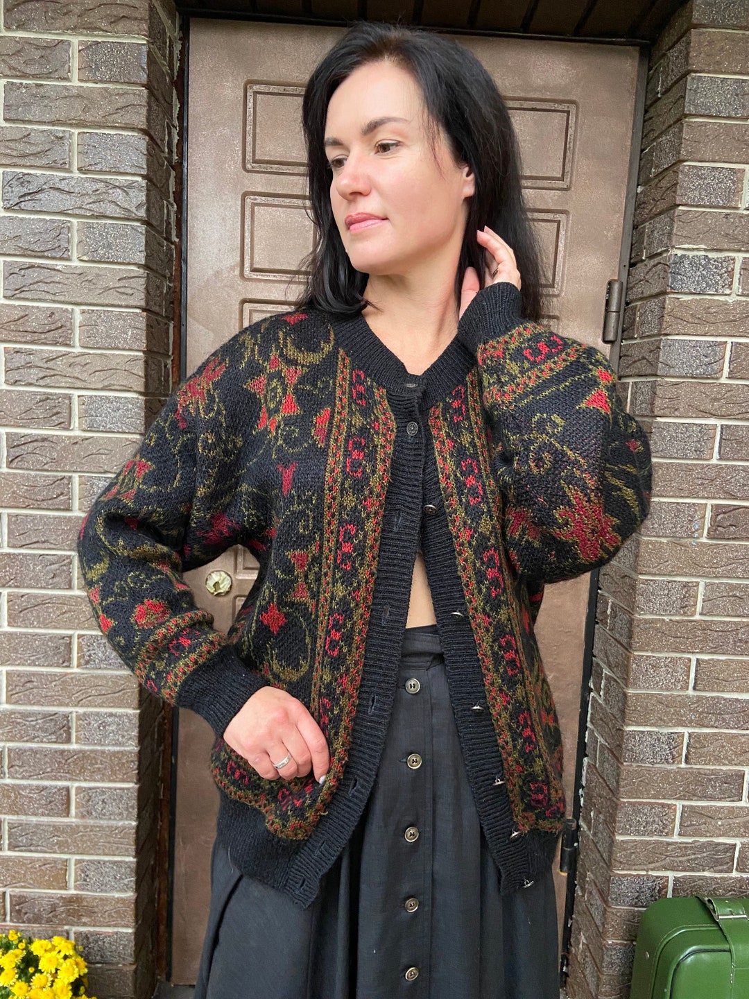 Vintage Cardigan, Classic Knitted Sweater, Retro Pattern Cardigan, Wool ...