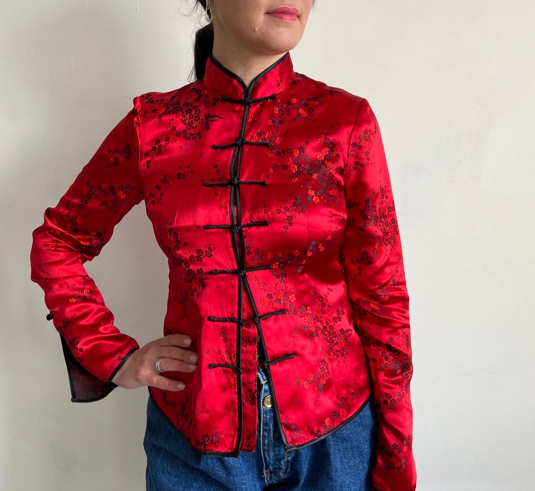 Chinese Style Blouse, Red Kimono, Robe Cover, Chinese Jacket, Size M/L ...