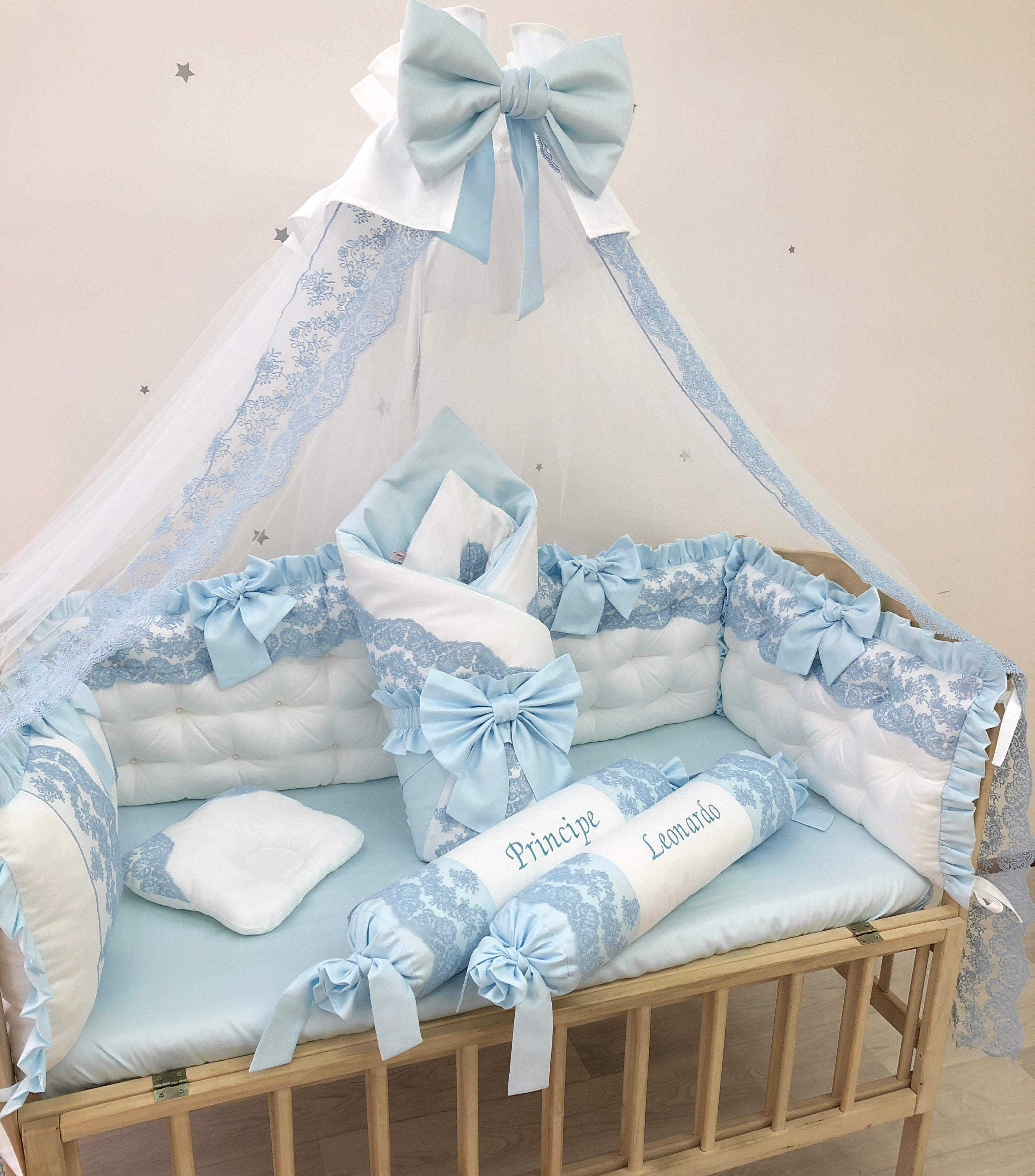 Royal luxury crib bedding set in sky blue and white colors. | Etsy