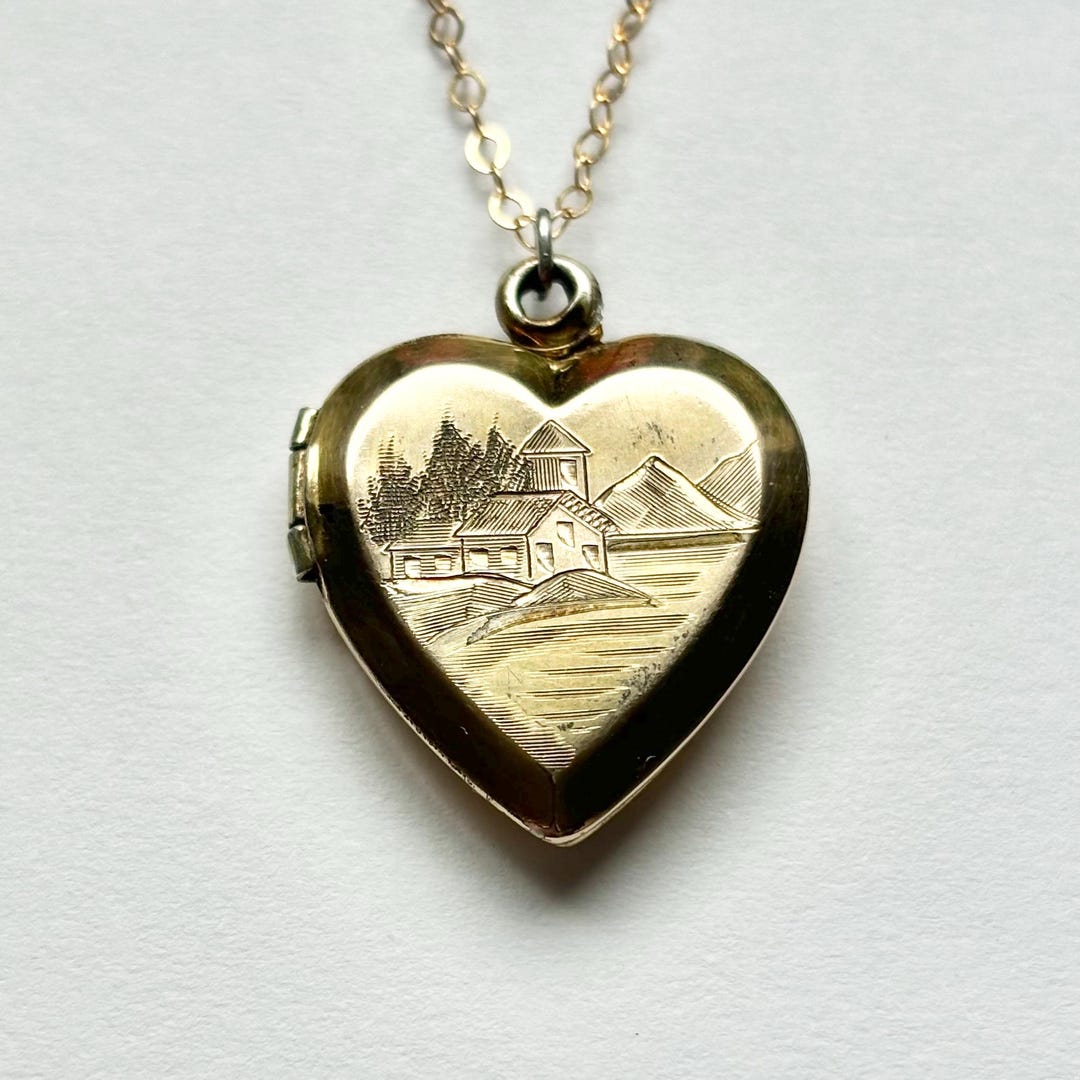 Heart 12K Gold Sterling Silver Cottage Lake House Sea Mountains Vintage ...
