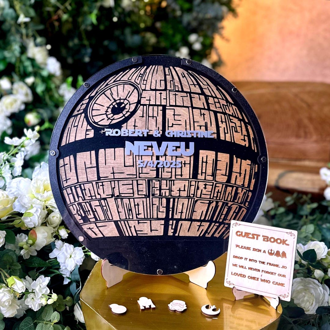 Death Star Wedding Guest Book Alternative Star Wooden Wedding Guestbook ...