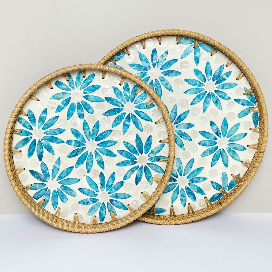 Round Rattan Mother Pearl Serving Tray Set of 2, Round Breakfast Tray ...