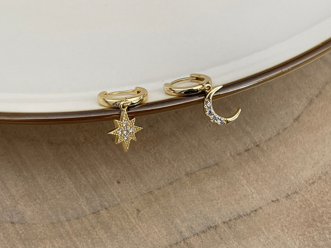 925 Sterling Silver Mond & Stern Creolen Silber, 18K vergoldet Zirkonia Steinchen goldene ...