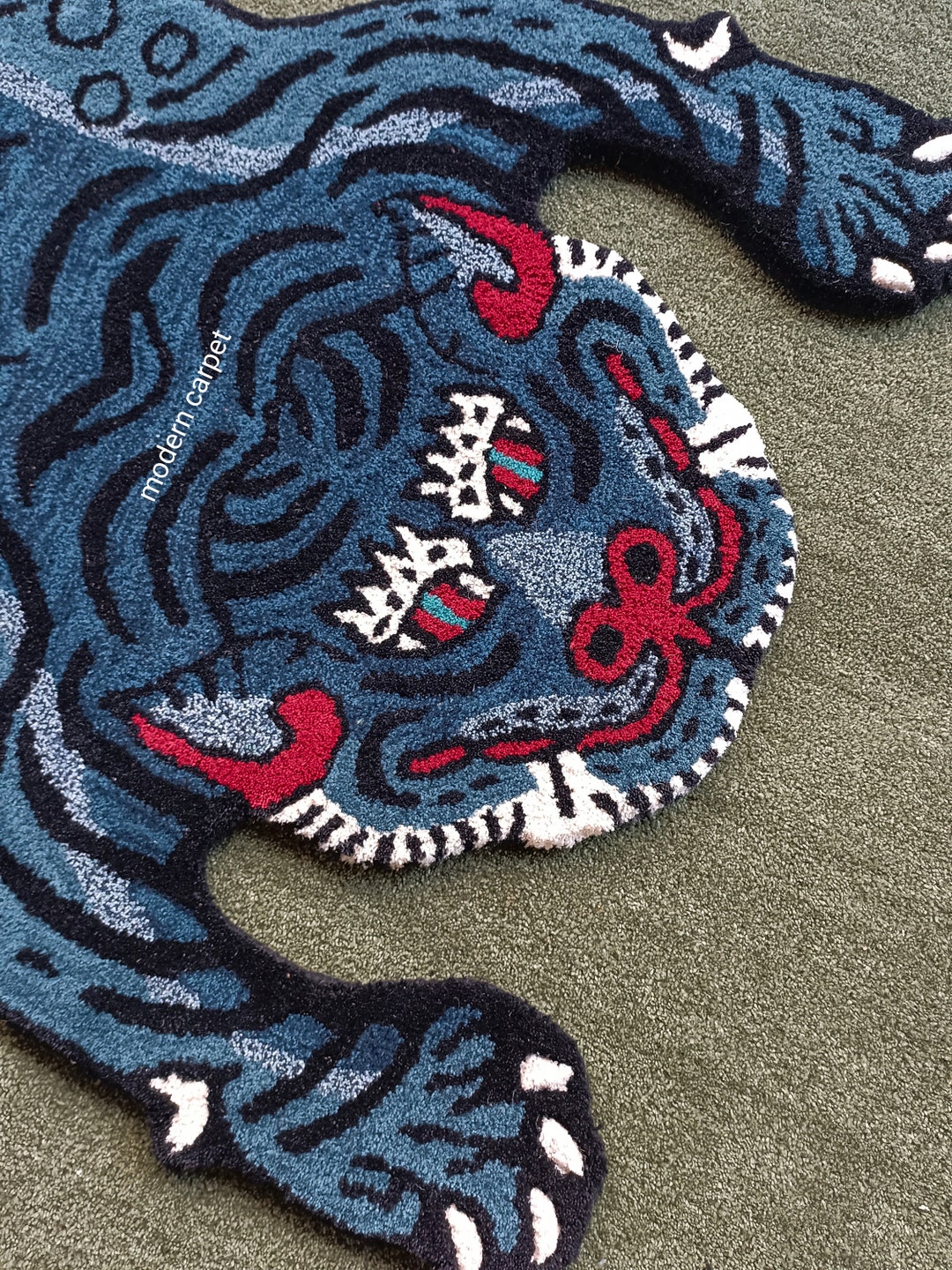 Tibetan Tiger Rug Blue Tiger Rug Hand Tufted Tiger Rug Blue Colored Rug ...