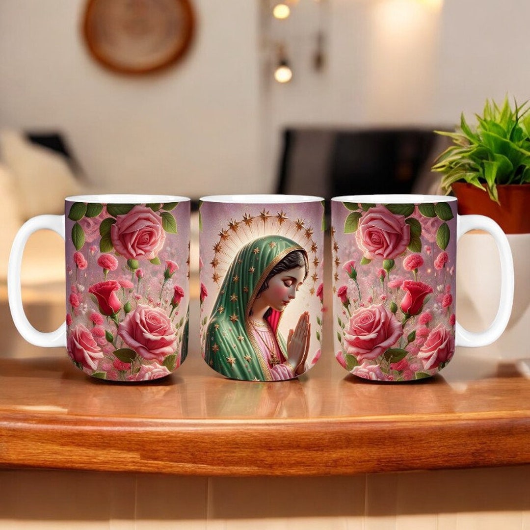 Virgen Maria With Pink Roses Mug, Virgen Mary Mug, Mother Mary Coffee ...