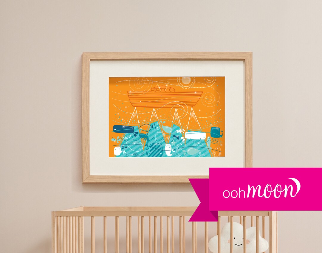 Modern Noah's Ark Series, Ark Ocean Animals Kids Prints Orange, Mid ...
