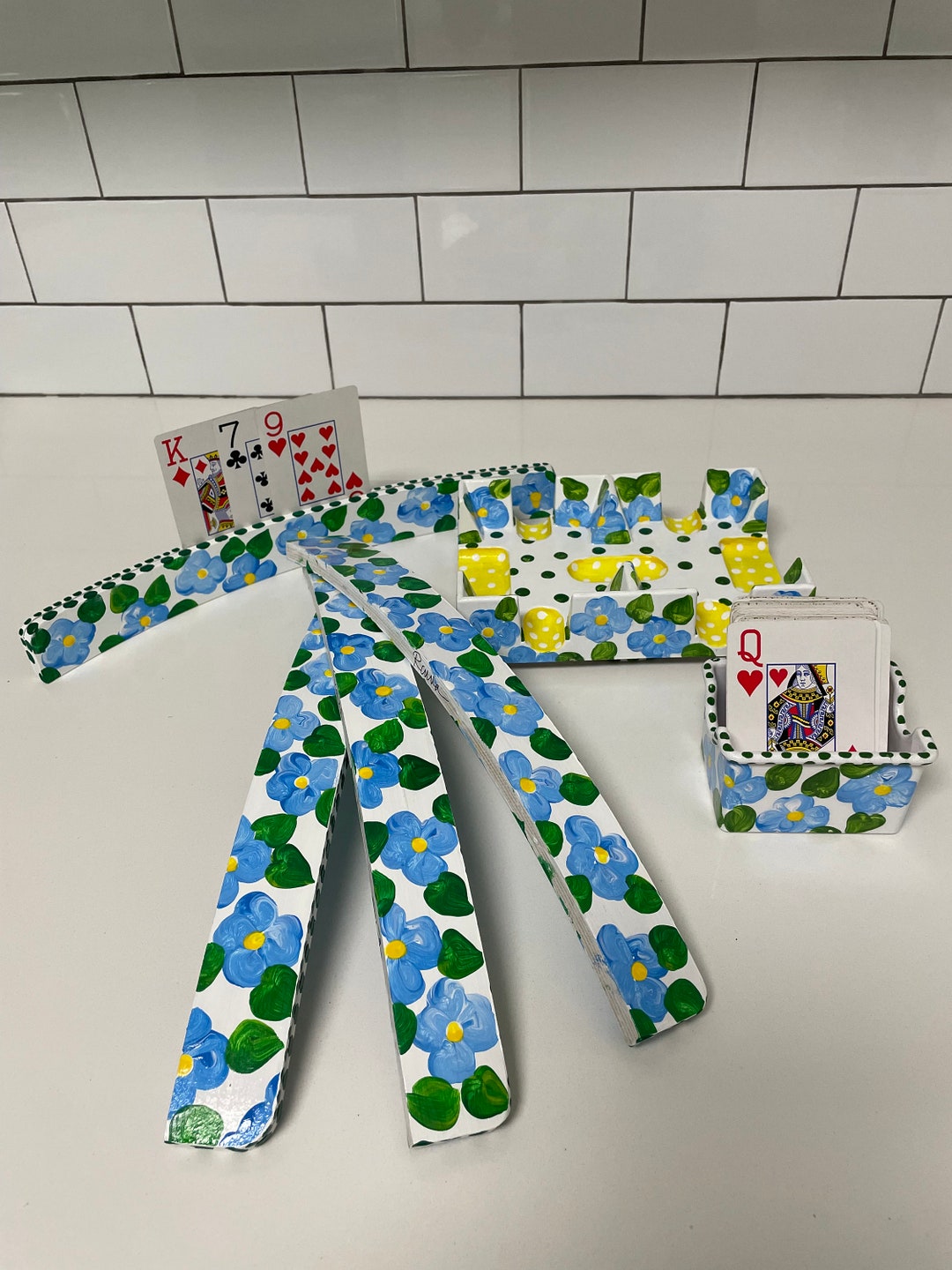 Hand Painted 6 Piece Canasta Tray Set Includes 1 Revolving Card Tray, 2 ...