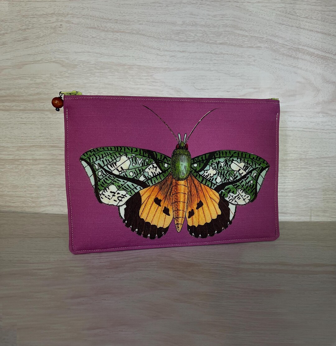 Moth Zip Clutch, Magenta Green Moth Zip Pouch, Green Pink Clutch ...