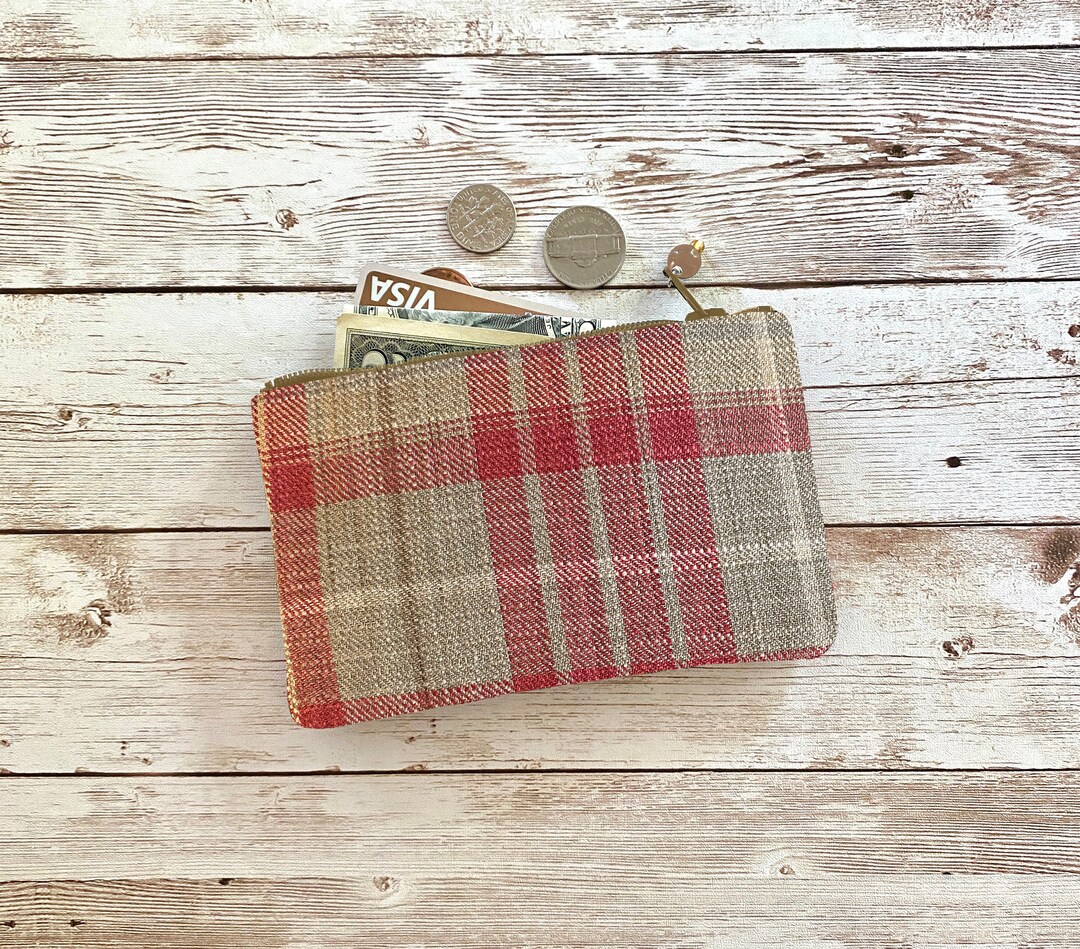Rose Pink and Gray Plaid Coin Purse, Small Zip Pouch Small Vintage ...