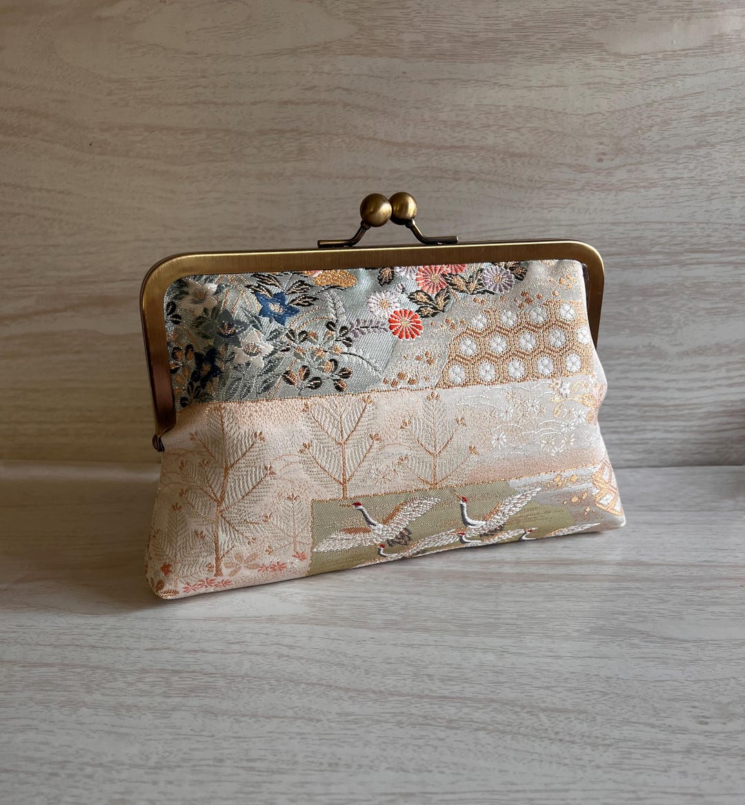 Flower Tree and Crane Clutch, Vintage Silk Floral Brocade Clutch Bag ...
