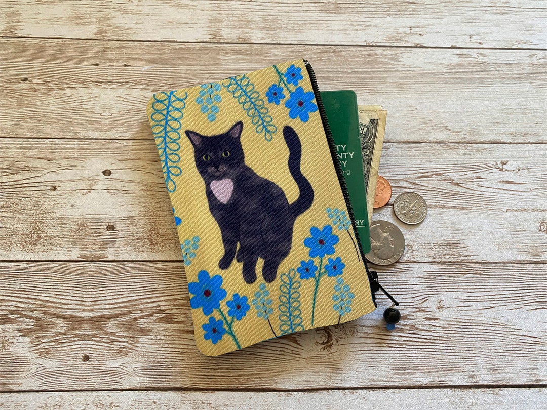 Gray Tabby Cat Coin Purse, Grey Cat Wallet Zip Pouch, Blue Flowers ...