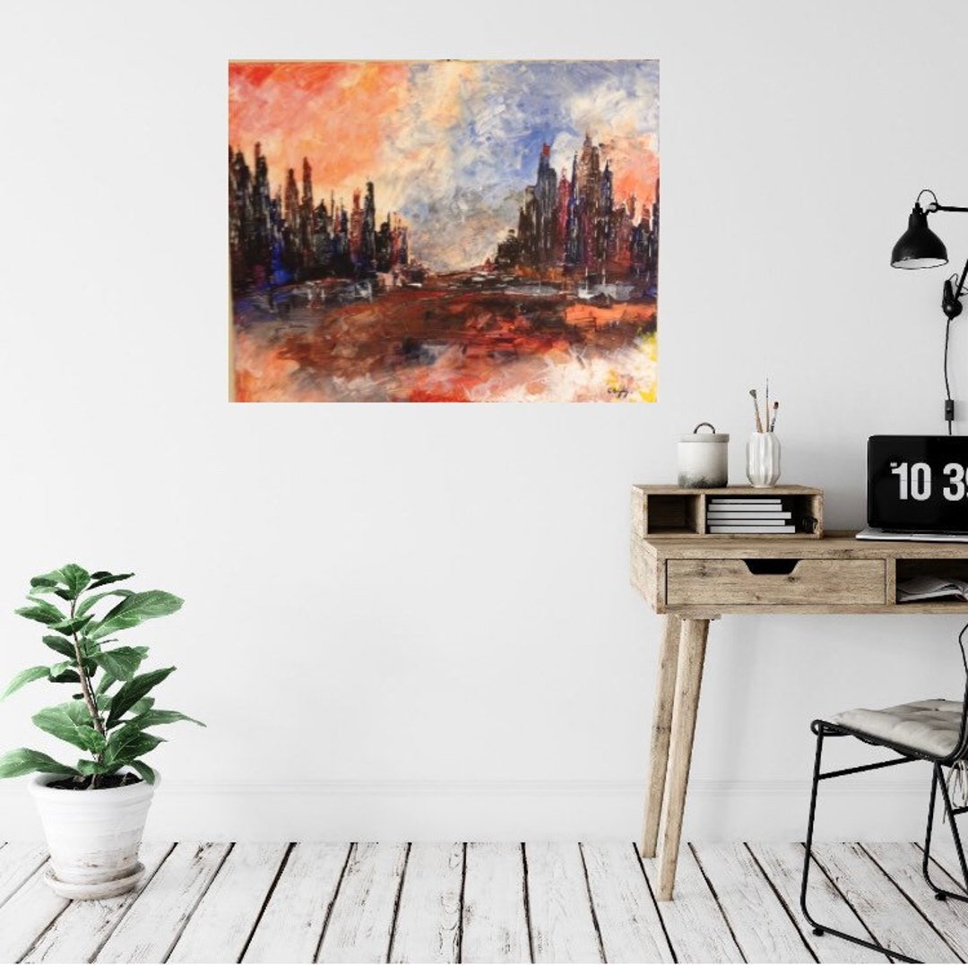 Abstract City Scape Acrylic Painting on a 30x 25 Stretched Canvas Using ...