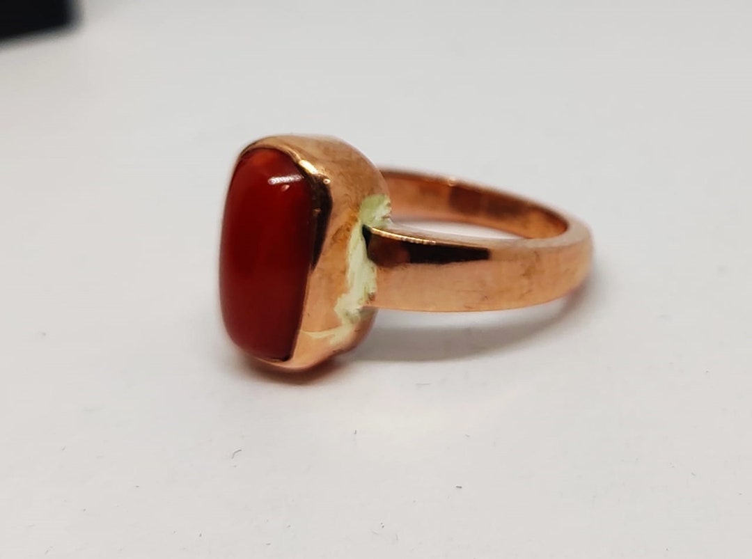 Natural Red Coral Cylindrical Shape (moonga) Gemstone Copper Ring | 3ct ...