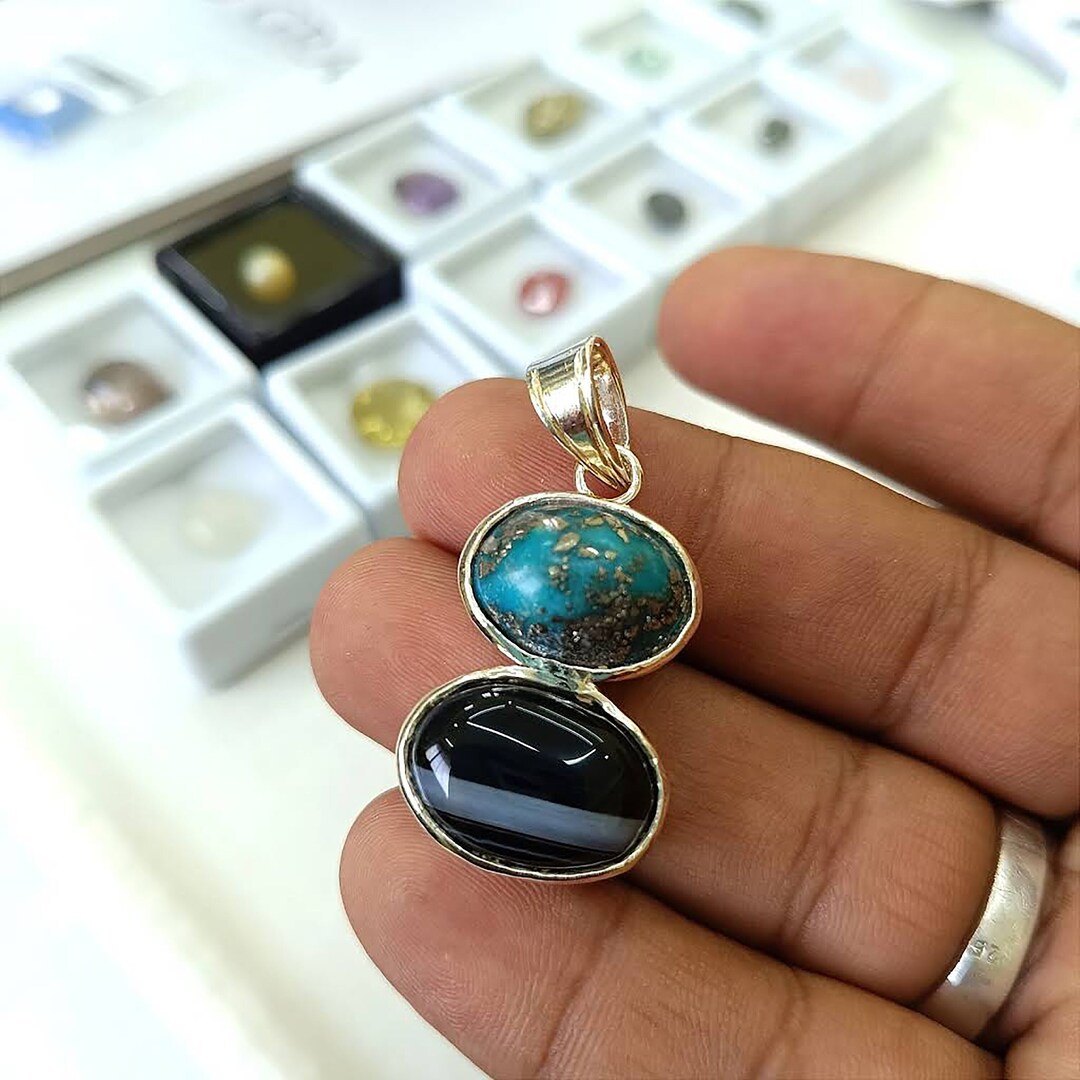 Certified Natural 5-10ct Turquoise With Black Agate Gemstone Panchdhatu ...