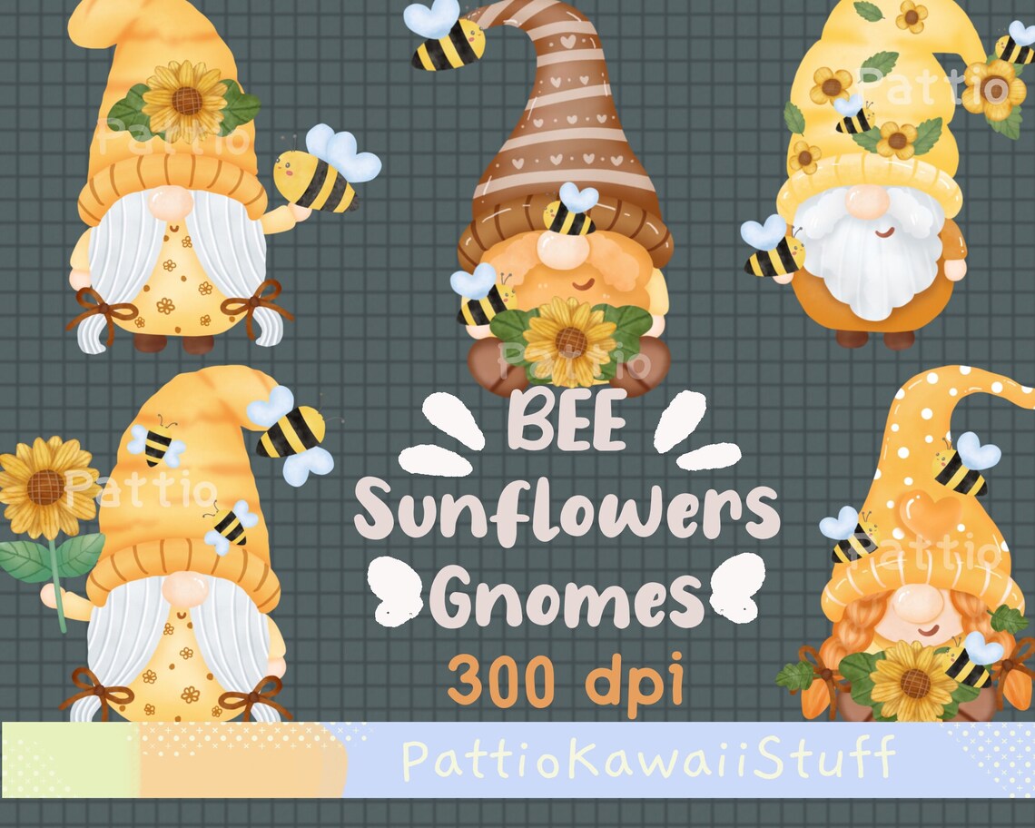 Watercolor cute bee gnomes sunflower png Bee happy Gnomes png | Etsy