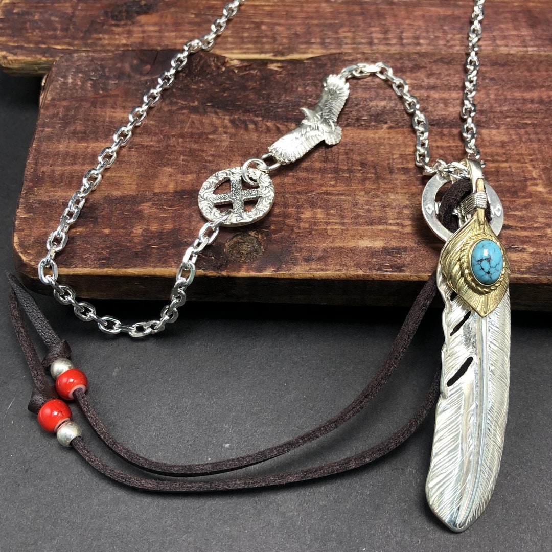 Goro Takahashi of Japan Feather Pendant Necklace S925 Sterling Silver Turquoise Bead 25.6 Inches ...