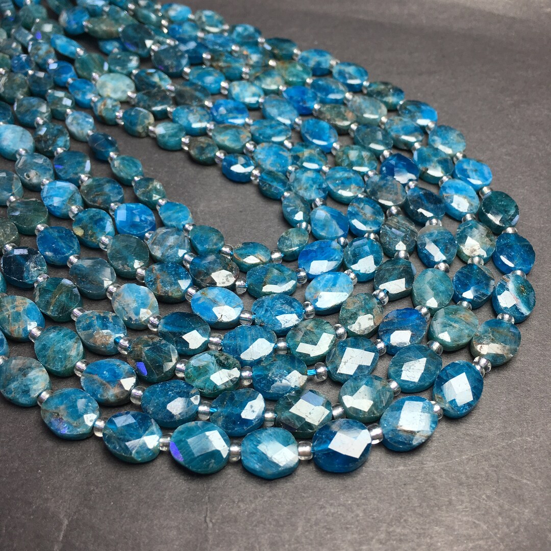 Blue Apatite Beads Natural Gemstone Faceted Oval Coin Loose Genuine ...