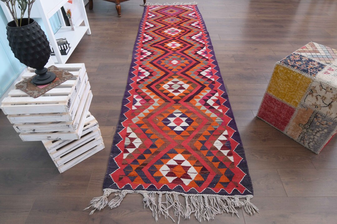 Handgefertigter Kelim Teppich 100x300 cm, Rot, Orange, Lila Wolle ...