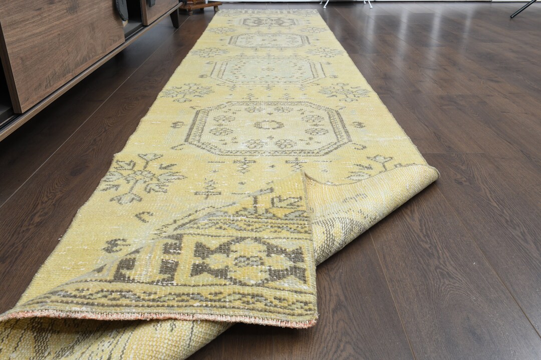 2'6x12'5 YELLOW RUNNER, Turkish Runner Rug, Vintage Rug, Handmade Wool ...