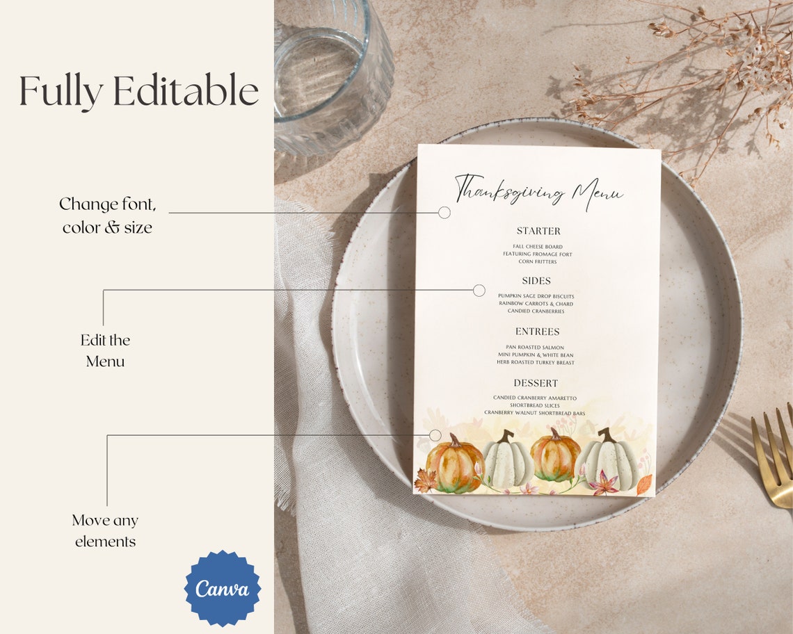 Thanksgiving Menu Card Template Printable Editable Holiday - Etsy