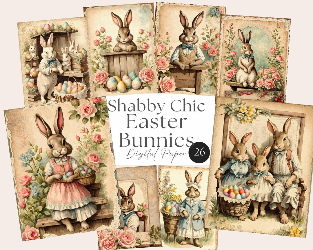 Easter Shabby Chic Bunnies Digital Paper: Vintage Junk Journal (digital ...