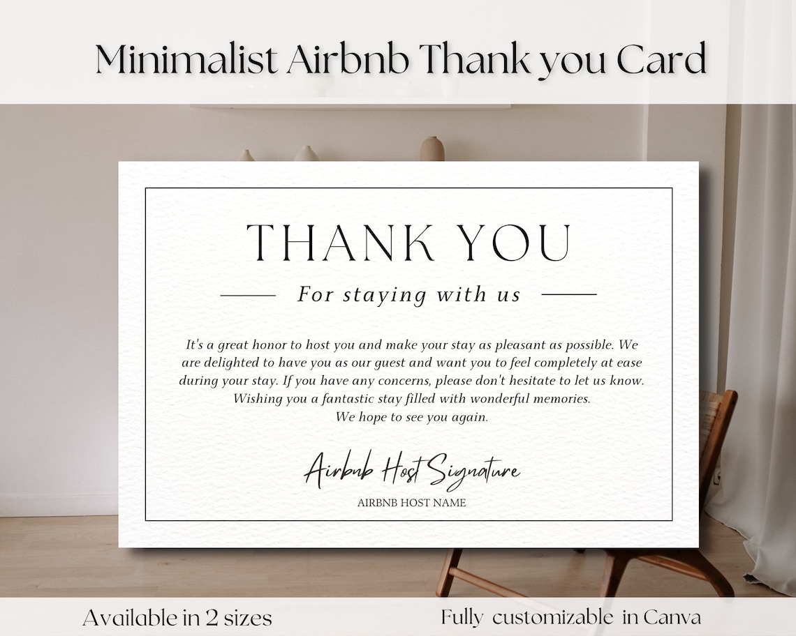 Minimalist Airbnb Host Thank You Card for Guests, Editable Canva ...
