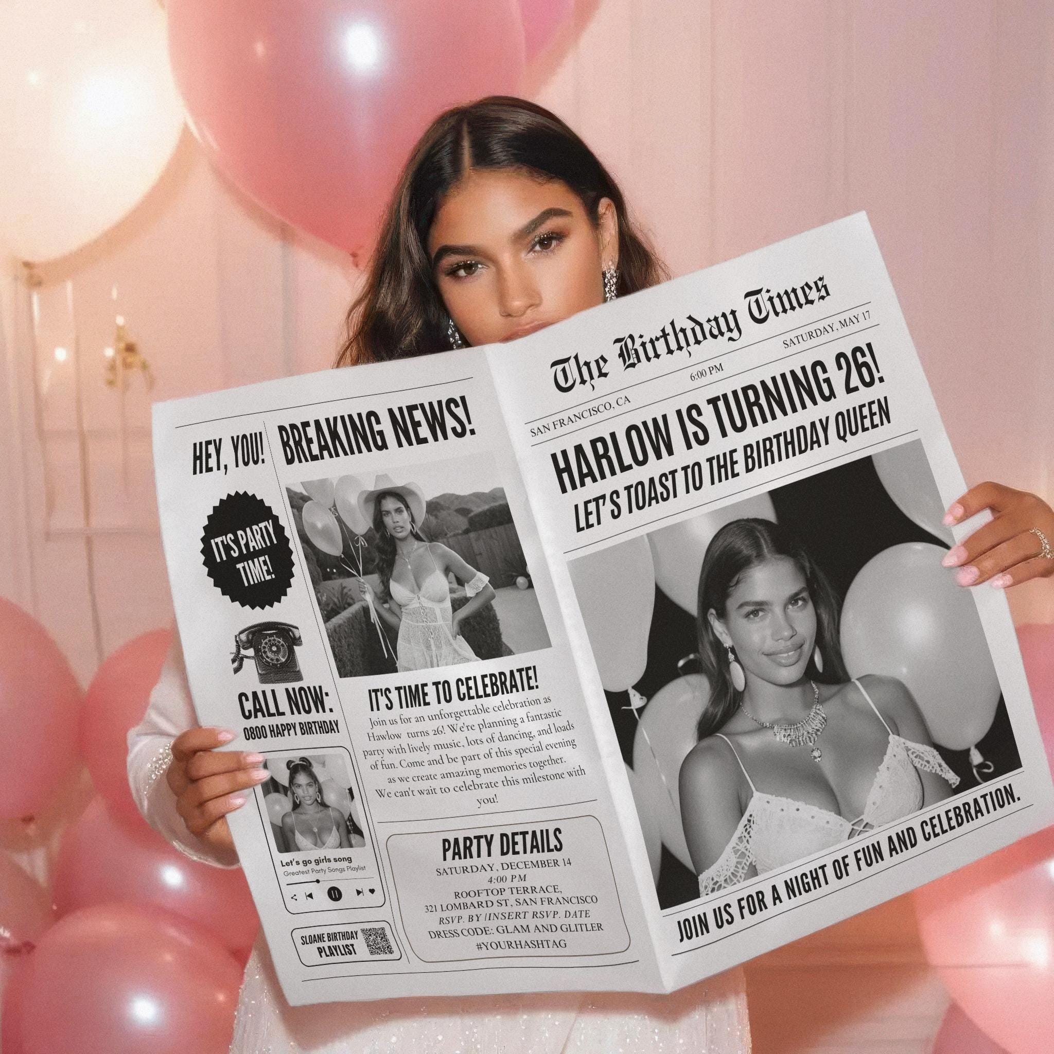 Editable Happy Birthday Newspaper Template, Retro Party Announcement ...