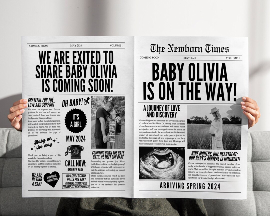 Large Newspaper Baby Announcement, Pregnancy Announcement Newspaper ...