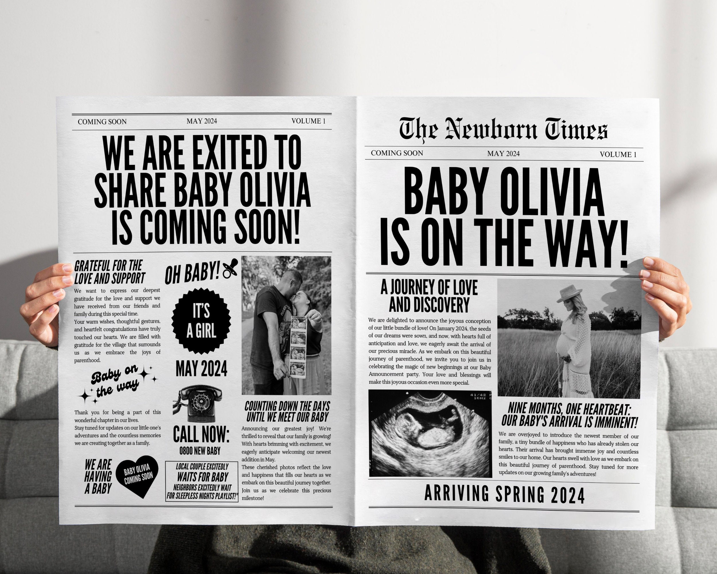 Large Newspaper Baby Announcement, Pregnancy Announcement Newspaper ...