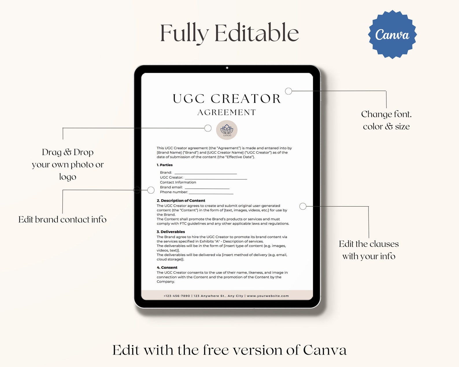 UGC Creator Contract Template, Canva Agreement (digital Download), User ...