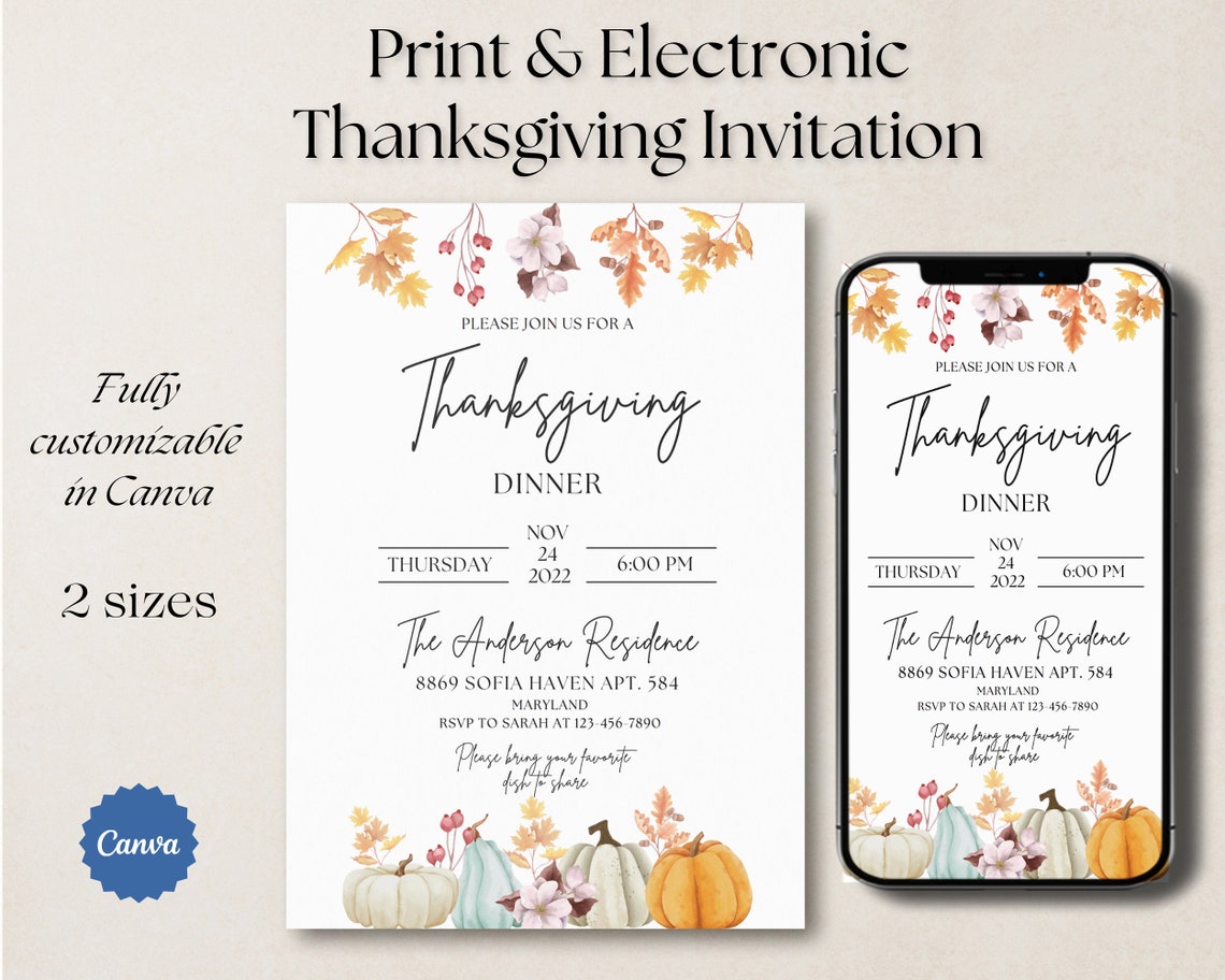 Thanksgiving Electronic Invitation Printable Thanksgiving - Etsy