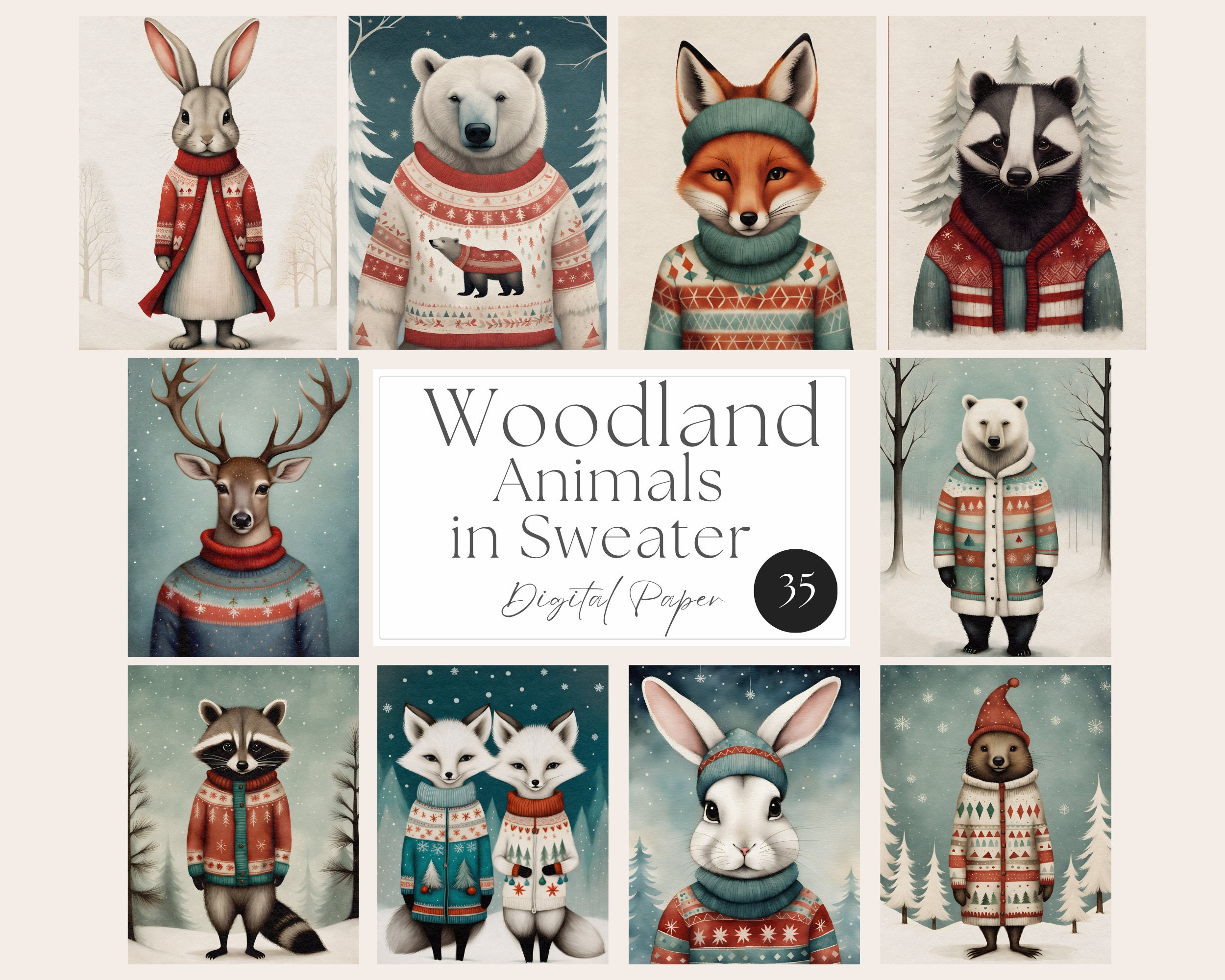 Woodland Animals in Sweaters Digital Paper, Christmas Junk Journal (35 ...