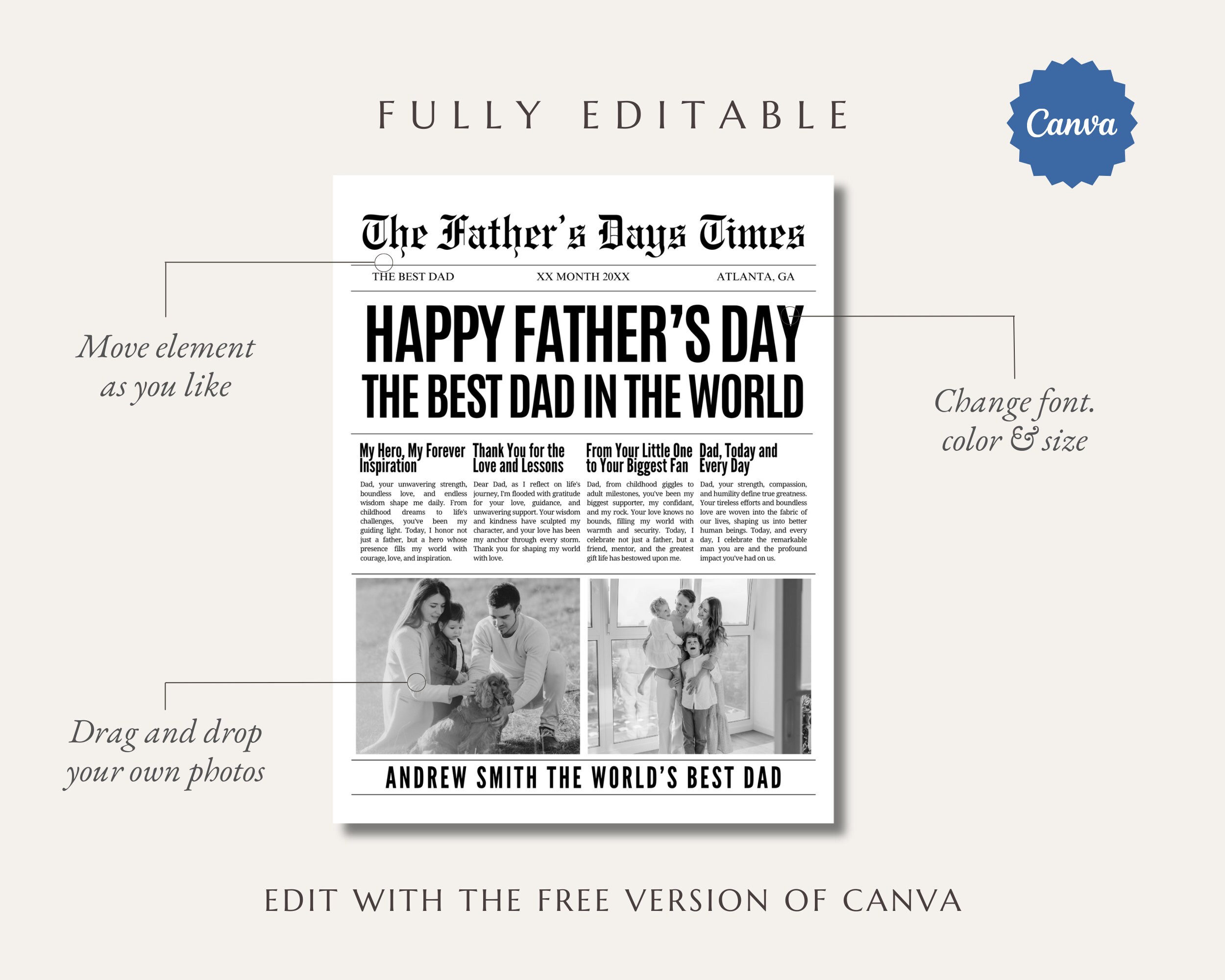 Fathers Day Newspaper, Printable for Dad, Personalized Gifts for Dad ...